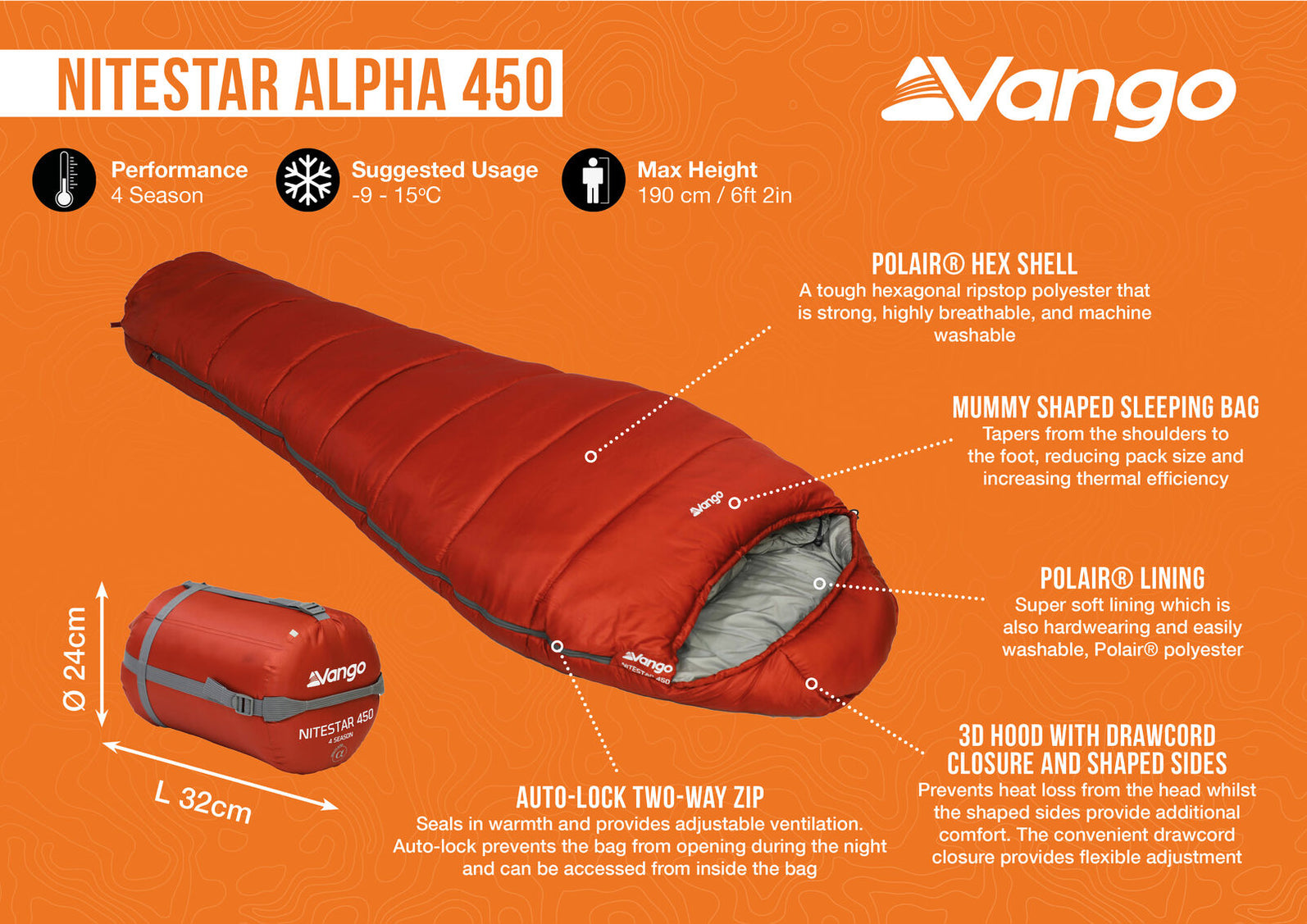 Vango Nitestar Alpha 450 4 Season Sleeping Bag - Harrissa Red — Aztec ...