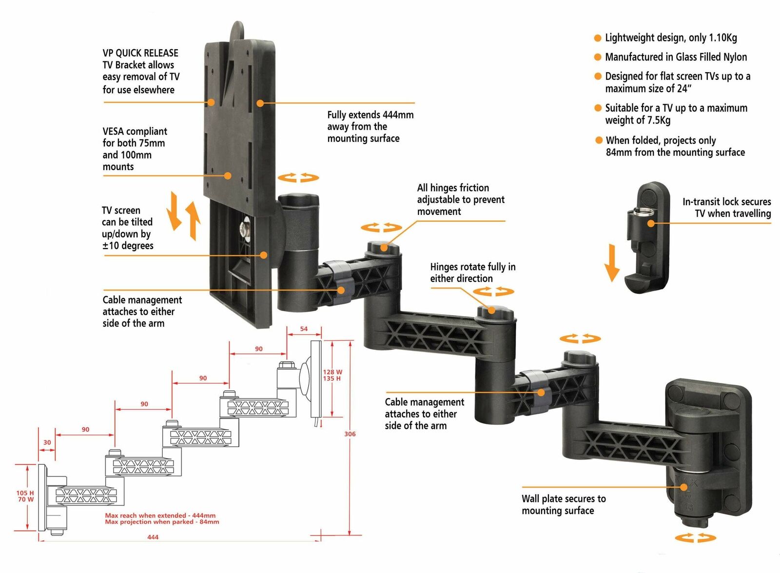 Vision Plus TV Wall Bracket - Quad Arm Quick Release — Aztec Leisure